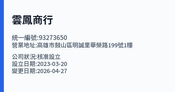 雲鳳商行的照片-統編 93273650(高雄市) 公司登記資料與營業項目詳細圖表