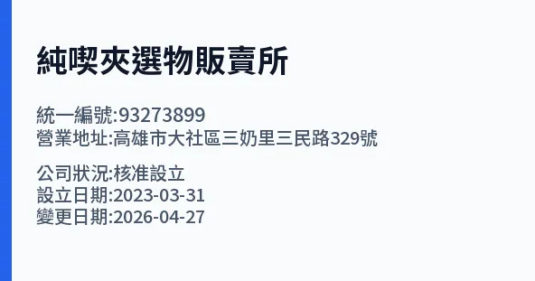 純喫夾選物販賣所的照片-統編 93273899(高雄市) 公司登記資料與營業項目詳細圖表