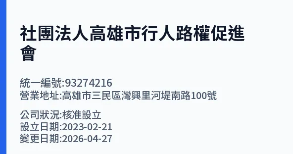社團法人高雄市行人路權促進會的照片-統編 93274216(高雄市) 公司登記資料與營業項目詳細圖表