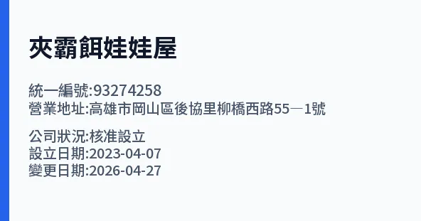 夾霸餌娃娃屋的照片-統編 93274258(高雄市) 公司登記資料與營業項目詳細圖表