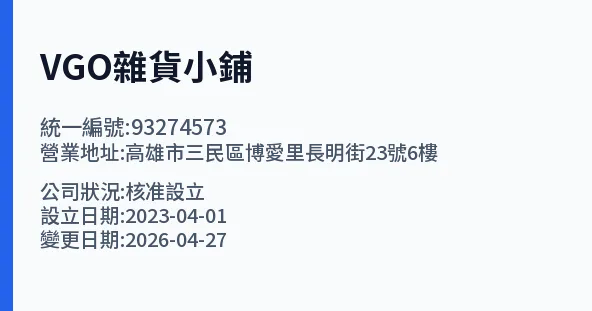 VGO雜貨小鋪的照片-統編 93274573(高雄市) 公司登記資料與營業項目詳細圖表