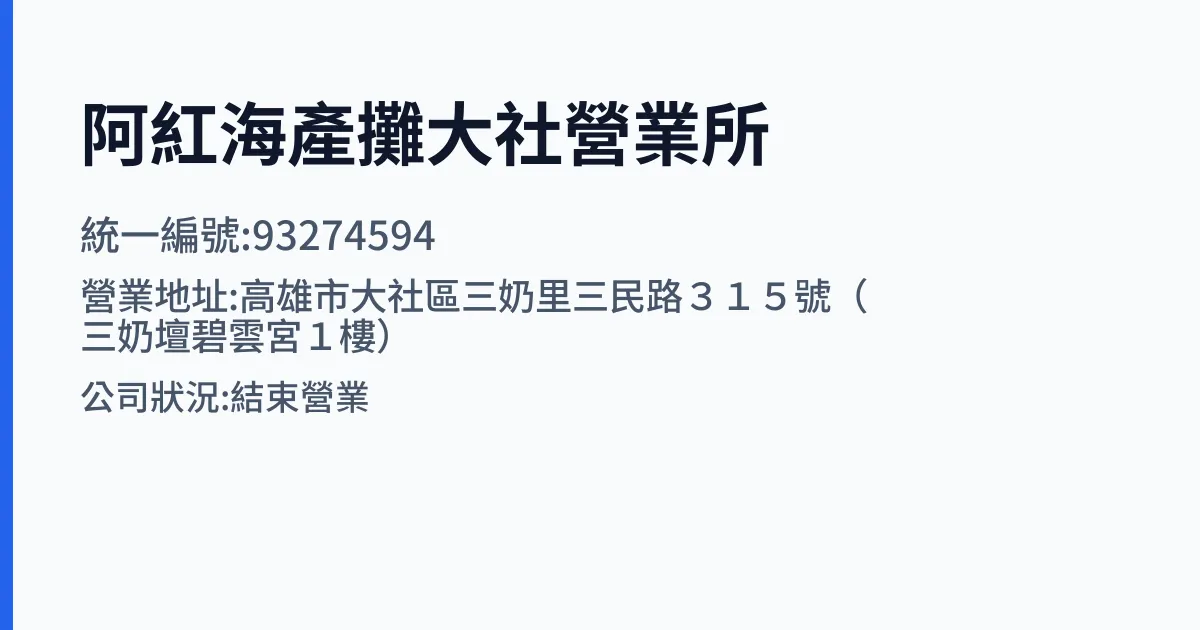阿紅海產攤大社營業所 - 統編 93274594(高雄市) 公司登記資料與營業項目詳細圖表