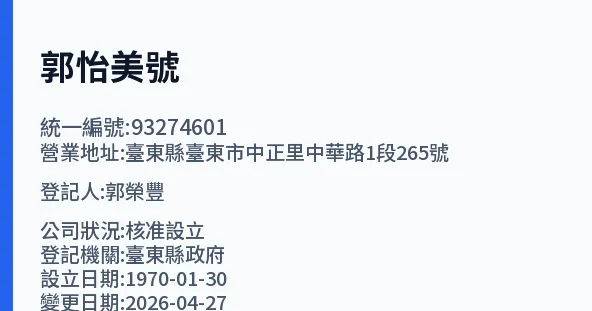 郭怡美號的照片-統編 93274601(臺東縣) 公司登記資料與營業項目詳細圖表