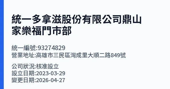 統一多拿滋股份有限公司鼎山家樂福門市部的照片-統編 93274829(高雄市) 公司登記資料與營業項目詳細圖表