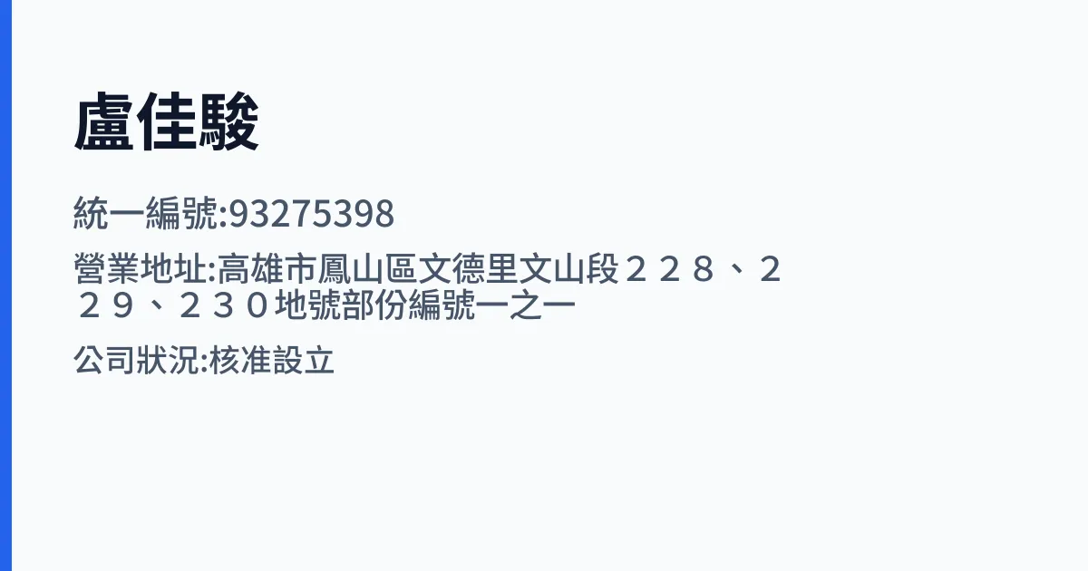 盧佳駿 - 統編 93275398(高雄市) 公司登記資料與營業項目詳細圖表
