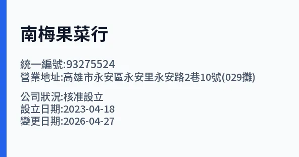 南梅果菜行的照片-統編 93275524(高雄市) 公司登記資料與營業項目詳細圖表