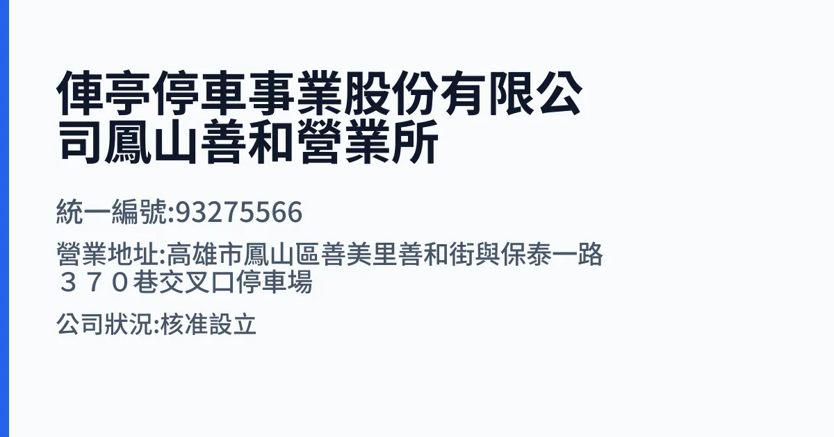 俥亭停車事業股份有限公司鳳山善和營業所 - 統編 93275566(高雄市) 公司登記資料與營業項目詳細圖表