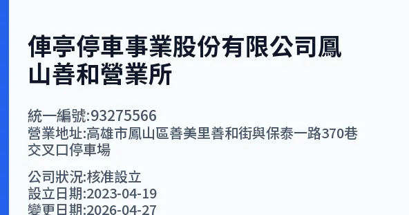 俥亭停車事業股份有限公司鳳山善和營業所的照片-統編 93275566(高雄市) 公司登記資料與營業項目詳細圖表