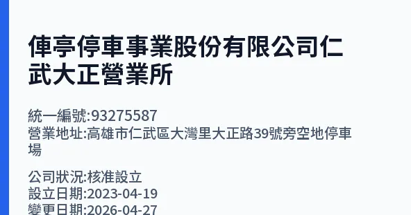 俥亭停車事業股份有限公司仁武大正營業所的照片-統編 93275587(高雄市) 公司登記資料與營業項目詳細圖表
