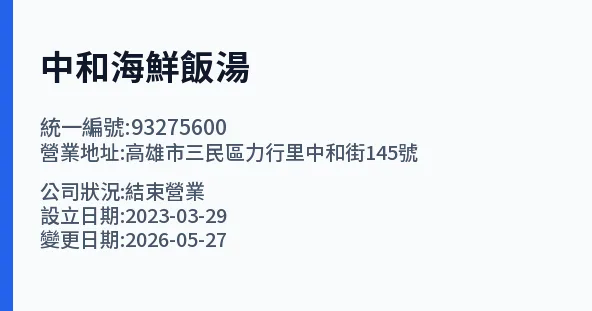 中和海鮮飯湯的照片-統編 93275600(高雄市) 公司登記資料與營業項目詳細圖表