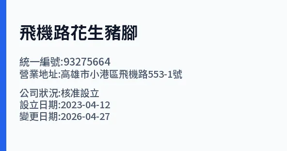 飛機路花生豬腳的照片-統編 93275664(高雄市) 公司登記資料與營業項目詳細圖表