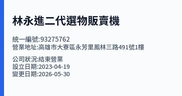 林永進二代選物販賣機的照片-統編 93275762(高雄市) 公司登記資料與營業項目詳細圖表