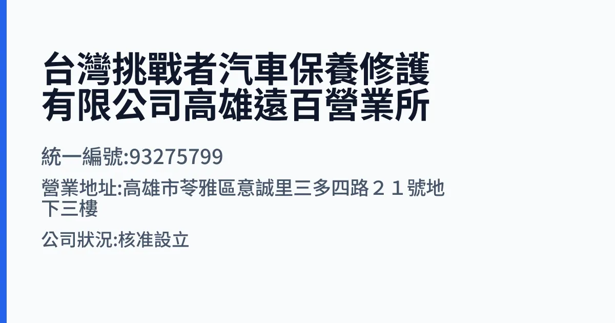 台灣挑戰者汽車保養修護有限公司高雄遠百營業所 - 統編 93275799(高雄市) 公司登記資料與營業項目詳細圖表