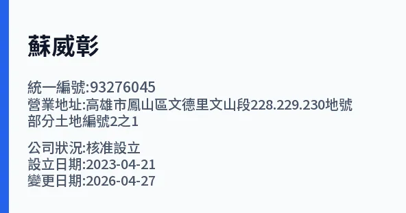 蘇威彰的照片-統編 93276045(高雄市) 公司登記資料與營業項目詳細圖表