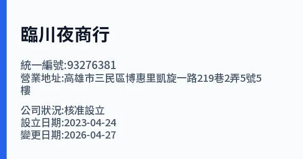 臨川夜商行的照片-統編 93276381(高雄市) 公司登記資料與營業項目詳細圖表