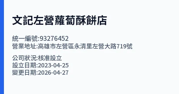 文記左營蘿蔔酥餅店的照片-統編 93276452(高雄市) 公司登記資料與營業項目詳細圖表