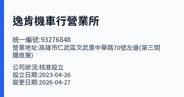 逸肯機車行營業所的照片-統編 93276848(高雄市) 公司登記資料與營業項目詳細圖表