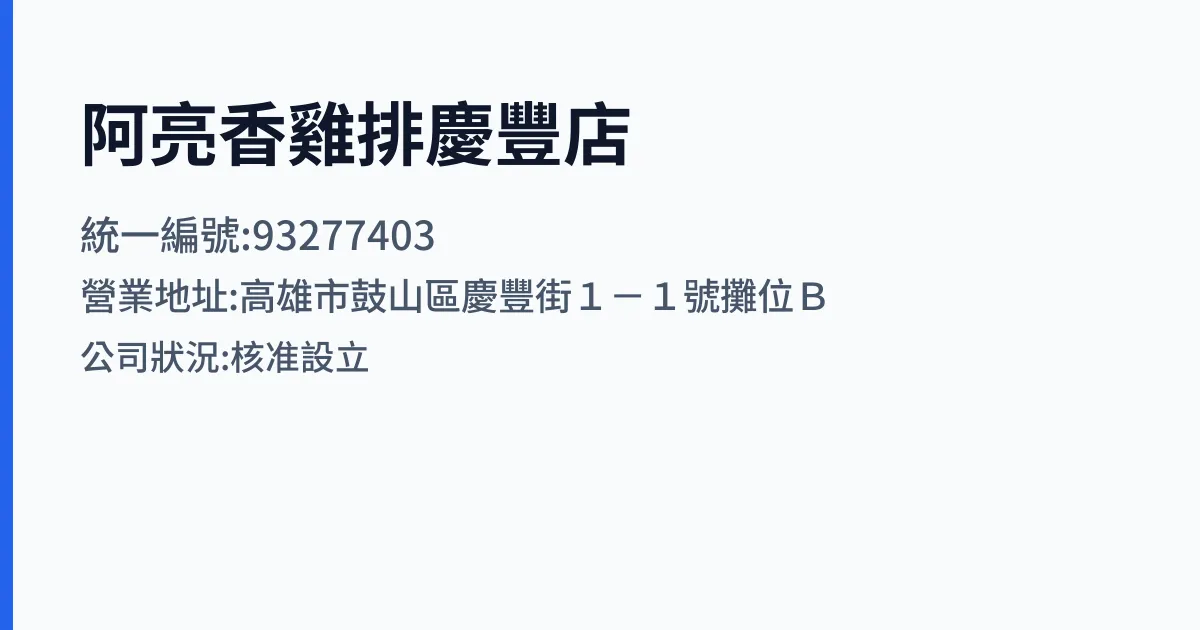 阿亮香雞排慶豐店 - 統編 93277403(高雄市) 公司登記資料與營業項目詳細圖表