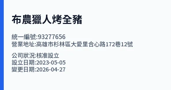 布農獵人烤全豬的照片-統編 93277656(高雄市) 公司登記資料與營業項目詳細圖表