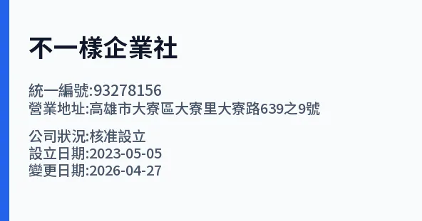 不一樣企業社的照片-統編 93278156(高雄市) 公司登記資料與營業項目詳細圖表