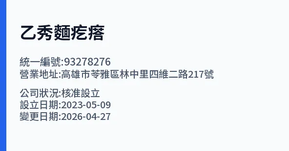乙秀麵疙瘩的照片-統編 93278276(高雄市) 公司登記資料與營業項目詳細圖表