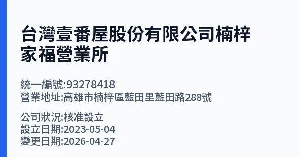 台灣壹番屋股份有限公司楠梓家福營業所的照片-統編 93278418(高雄市) 公司登記資料與營業項目詳細圖表