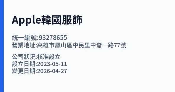 Apple韓國服飾的照片-統編 93278655(高雄市) 公司登記資料與營業項目詳細圖表