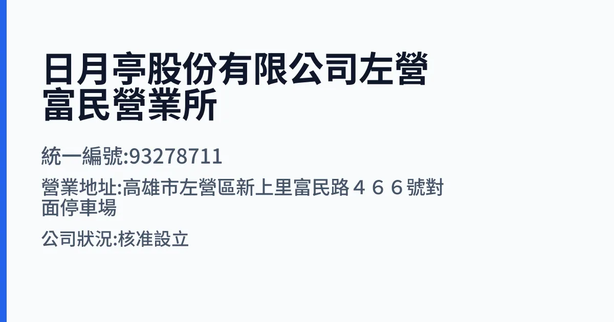 日月亭股份有限公司左營富民營業所 - 統編 93278711(高雄市) 公司登記資料與營業項目詳細圖表