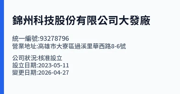 錦州科技股份有限公司大發廠的照片-統編 93278796(高雄市) 公司登記資料與營業項目詳細圖表