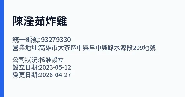 陳瀅茹炸雞的照片-統編 93279330(高雄市) 公司登記資料與營業項目詳細圖表