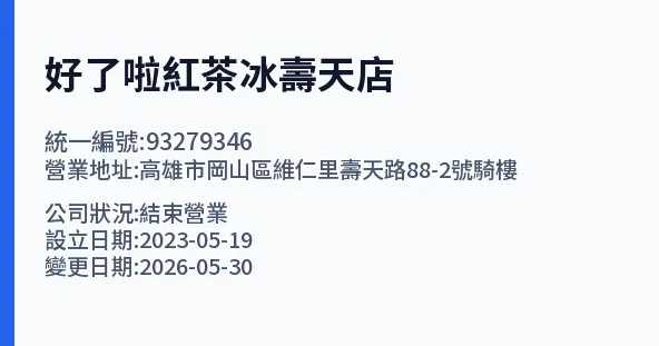 好了啦紅茶冰壽天店的照片-統編 93279346(高雄市) 公司登記資料與營業項目詳細圖表