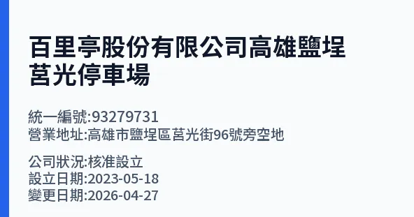 百里亭股份有限公司高雄鹽埕莒光停車場的照片-統編 93279731(高雄市) 公司登記資料與營業項目詳細圖表