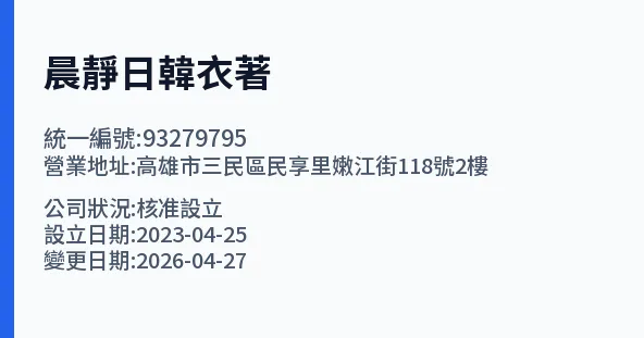 晨靜日韓衣著的照片-統編 93279795(高雄市) 公司登記資料與營業項目詳細圖表