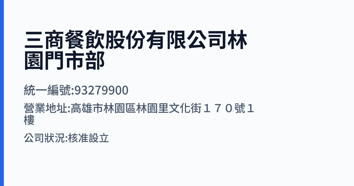 三商餐飲股份有限公司林園門市部 - 統編 93279900(高雄市) 公司登記資料與營業項目詳細圖表