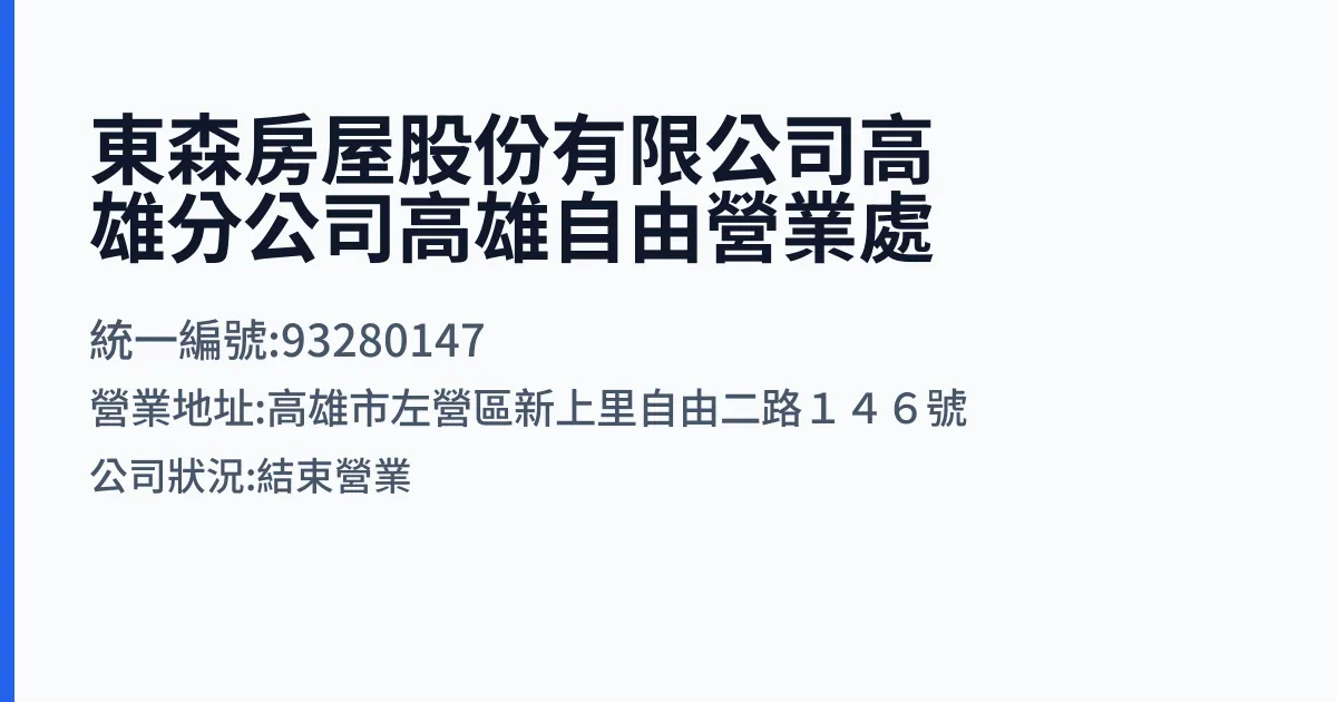 東森房屋股份有限公司高雄分公司高雄自由營業處 - 統編 93280147(高雄市) 公司登記資料與營業項目詳細圖表
