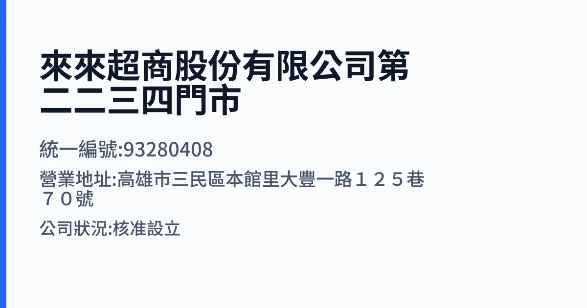 來來超商股份有限公司第二二三四門市 - 統編 93280408(高雄市) 公司登記資料與營業項目詳細圖表