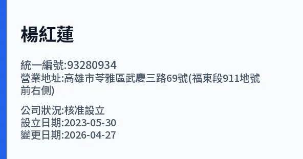 楊紅蓮的照片-統編 93280934(高雄市) 公司登記資料與營業項目詳細圖表