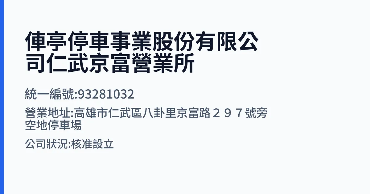 俥亭停車事業股份有限公司仁武京富營業所 - 統編 93281032(高雄市) 公司登記資料與營業項目詳細圖表