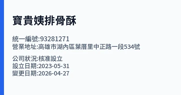 寶貴姨排骨酥的照片-統編 93281271(高雄市) 公司登記資料與營業項目詳細圖表