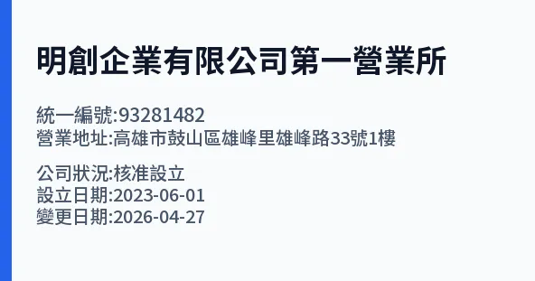 明創企業有限公司第一營業所的照片-統編 93281482(高雄市) 公司登記資料與營業項目詳細圖表