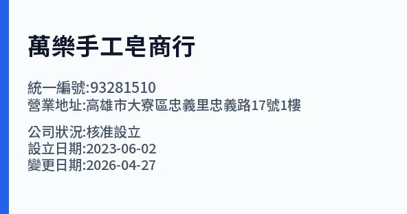 萬樂手工皂商行的照片-統編 93281510(高雄市) 公司登記資料與營業項目詳細圖表
