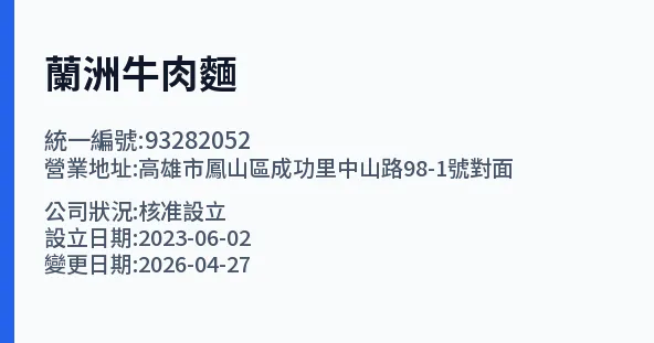 蘭洲牛肉麵的照片-統編 93282052(高雄市) 公司登記資料與營業項目詳細圖表