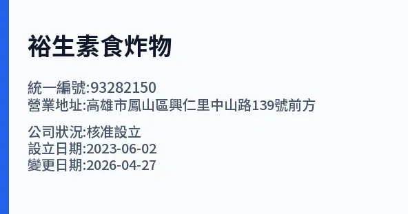 裕生素食炸物的照片-統編 93282150(高雄市) 公司登記資料與營業項目詳細圖表