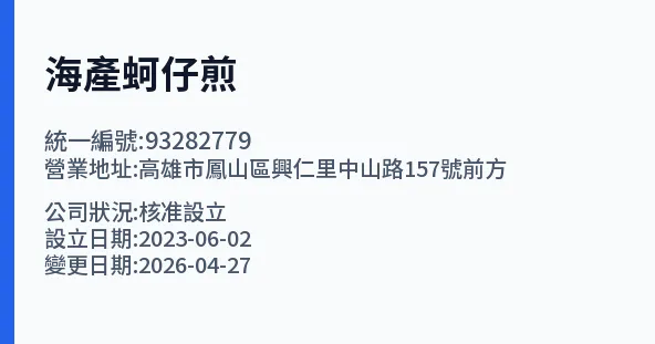 海產蚵仔煎的照片-統編 93282779(高雄市) 公司登記資料與營業項目詳細圖表