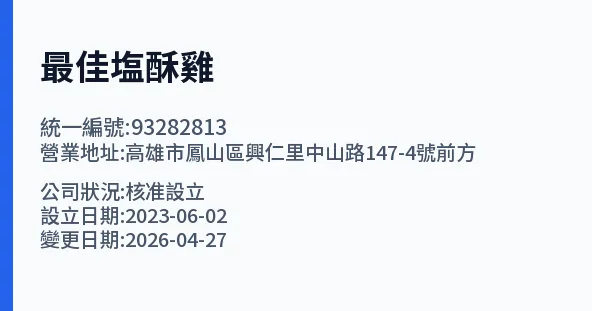 最佳塩酥雞的照片-統編 93282813(高雄市) 公司登記資料與營業項目詳細圖表