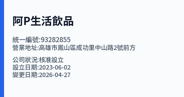 阿P生活飲品的照片-統編 93282855(高雄市) 公司登記資料與營業項目詳細圖表