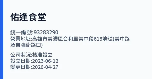 佑逢食堂的照片-統編 93283290(高雄市) 公司登記資料與營業項目詳細圖表