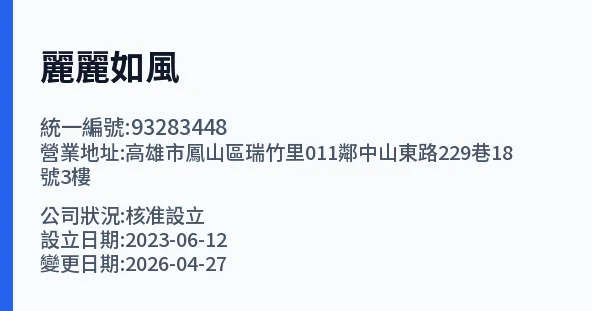 麗麗如風的照片-統編 93283448(高雄市) 公司登記資料與營業項目詳細圖表