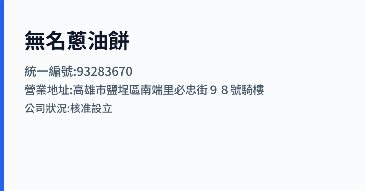 無名蔥油餅 - 統編 93283670(高雄市) 公司登記資料與營業項目詳細圖表