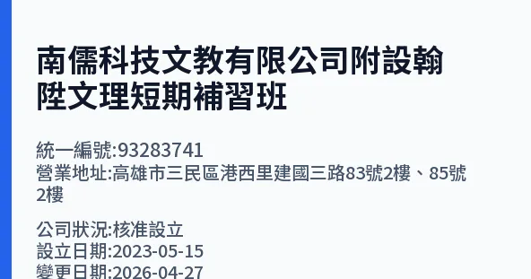 南儒科技文教有限公司附設翰陞文理短期補習班的照片-統編 93283741(高雄市) 公司登記資料與營業項目詳細圖表